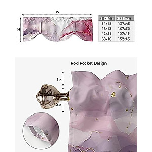 Tie Up Valance for Kitchen Windows, Abstract Marble Agate Texture Tie-up Curtain Shade Valances 42"x12" Rod Pocket Short Curtains Window Treatment for Living Room Pastel Theme Pink Purple White Gold