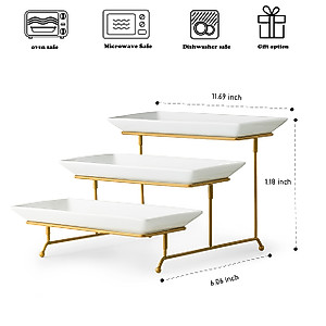 Cormomu 3 Tier Serving Tray, Tiered Serving Stand Display Set for Entertraining Dessert Table Serving Tray with Stand, White Ceramic Banquet Serving Platters for Party, 12 Inches (Gold)
