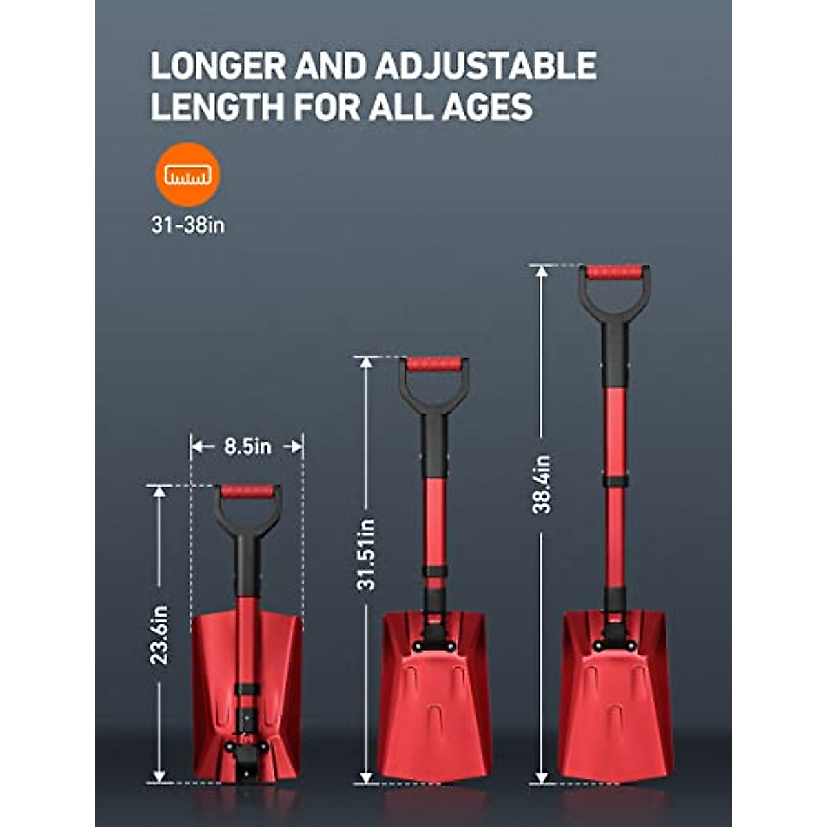 AstroAI 39" Folding Snow Shovel for Car, Extendable Snow Shovel with Thickened Aluminum Handle and Reinforced Iron Hinge, Portable and Multifunctional for Cars, Snowmobiles, Camping and Mud, Red