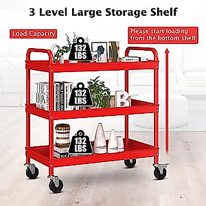 Goplus Service Cart, Heavy Duty 3-Tier Utility Cart with Flat Handle, 2 Lockable Universal Wheel, 400 lbs Capacity, Rolling Tool Cart for Garage, Kitchen, Hotel, Office, Workshop, Restaurant