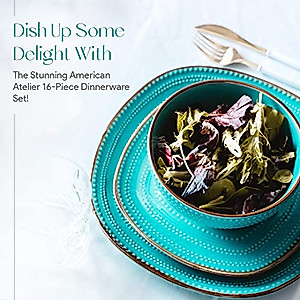 American Atelier Round Dinnerware Set | 16-Piece Stoneware Modern Plates & Bowls Sets | Gift Set Includes Dinner Plates, Salad Plates, Bowls, Mugs - Stoneware Dinnerware Set