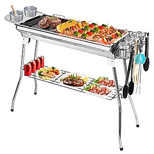 Portable Charcoal Grills,Outdoor Folding Barbecue Grill, Stainless Steel Foldable BBQ Grill Set w/ Spice Plate&Storage&Holder,Large Kabob Smoker Grill for Cooking Camping Picnic Garden Party-US Spot