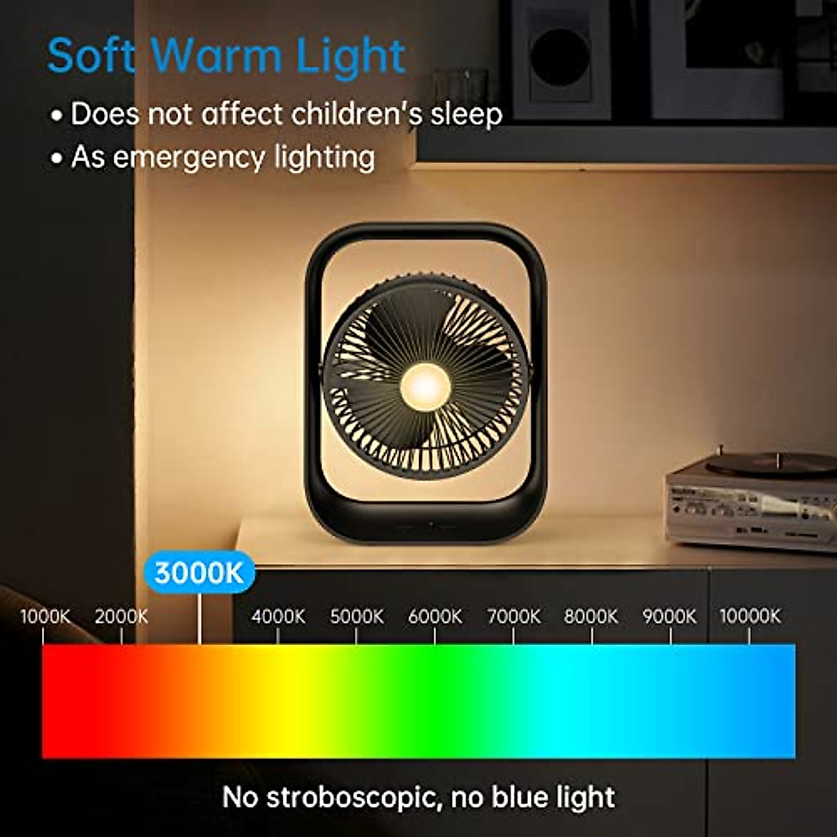 Acekool Battery Operated Fan, Camping Fan with Night Light, 3 Speeds Portable Desk Fan,135°Rotation, Rechargeable Quiet Table Fan for Office, Bedroom, Travel, Camping (Deep Black)