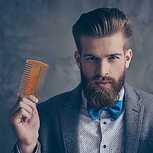 6 Pieces Beard Comb Natural Sandalwood Wooden Moustaches Combs Dual Action Teeth Beard Comb with 6 Pieces Pocket Faux Leather Case for Beards Moustaches (Yellow)
