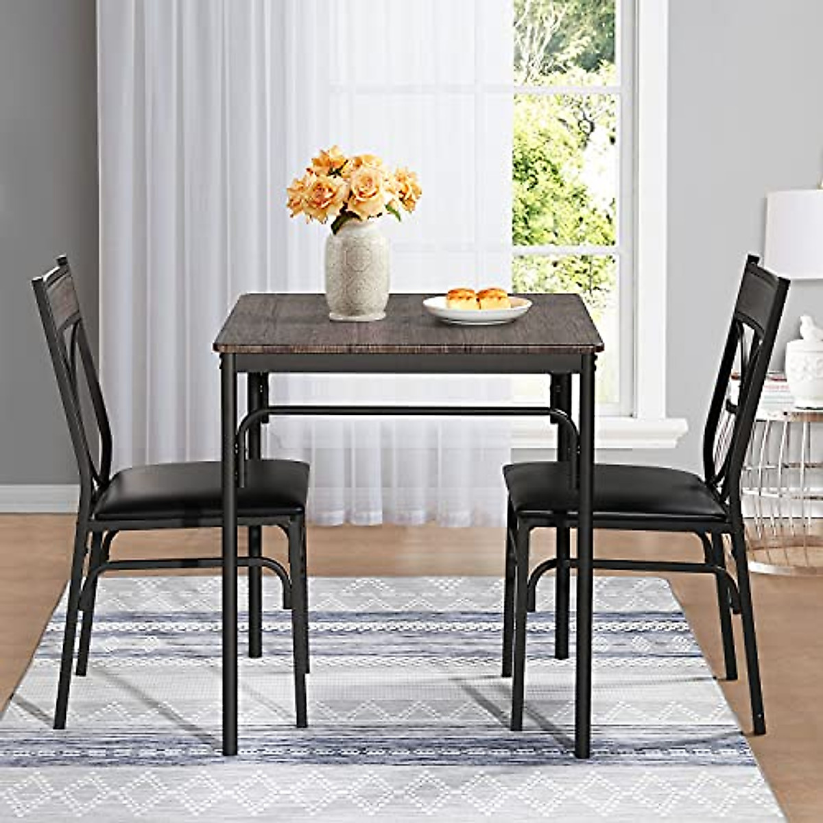 VECELO 3-Piece Dining Room Kitchen Table and Pu Cushion Chair Sets for Small Space, 2, Brown28 x 28 x 30 inches
