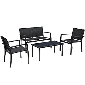 Greesum 4 Pieces Patio Furniture Set Outdoor Conversation Textilene Fabric Chairs for Lawn, Garden, Balcony, Poolside with A Glass Coffee Table, Black