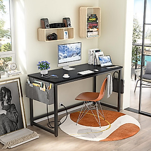 Foxemart 47 Inch Computer Desk with Magic Power Outlets and USB Charging Ports, Sturdy Modern Office Desks with Storage Bag and Hook, PC Laptop Study Writing Table, Simple Gaming Desk, Black