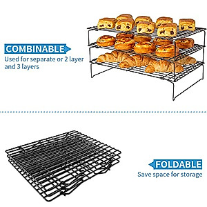 VNIMTI 3-Tier Collapsible Cooling Rack Non-Stick Stackable Baking Rack Wire Cooking Rack Oven Rack Cookie Rack for Cooking, Baking, Cooling, Roasting and Grilling, Adjustable & Foldable