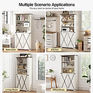 Farmhouse Bookshelves and Bookcases with Doors, Antique White Tall Bookshelf with Storage Cabinet, Kitchen Pantry Bathroom Organizer, 5-Tier Country Rustic Display Rack for Living Room, Home, Office