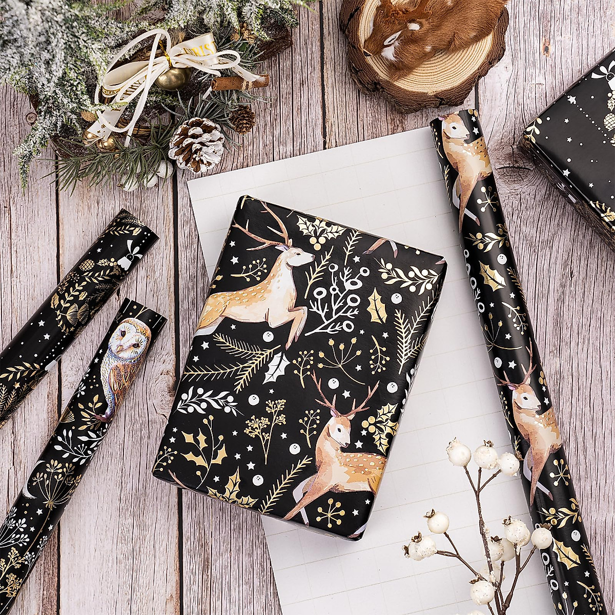 RUSPEPA Christmas Wrapping Paper Roll with Metallic Foil Shine - Mini Roll - 17 inches x 10 feet per Roll, Total of 3 Rolls - Owl, Reindeer and Christmas Ball