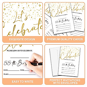 YQV 55th Birthday Invitations Cards, 4"x 6" White and Gold Confetti Birthday Party Invites with Envelopes for Party Decorations Supplies(20 Pieces) -D14