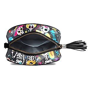 ALAZA PU Leather Small Crossbody Bag Purse Wallet Cute Sugar Skull Day Of The Dead Cell Phone Bags with Adjustable Chain Strap & Multi Pocket