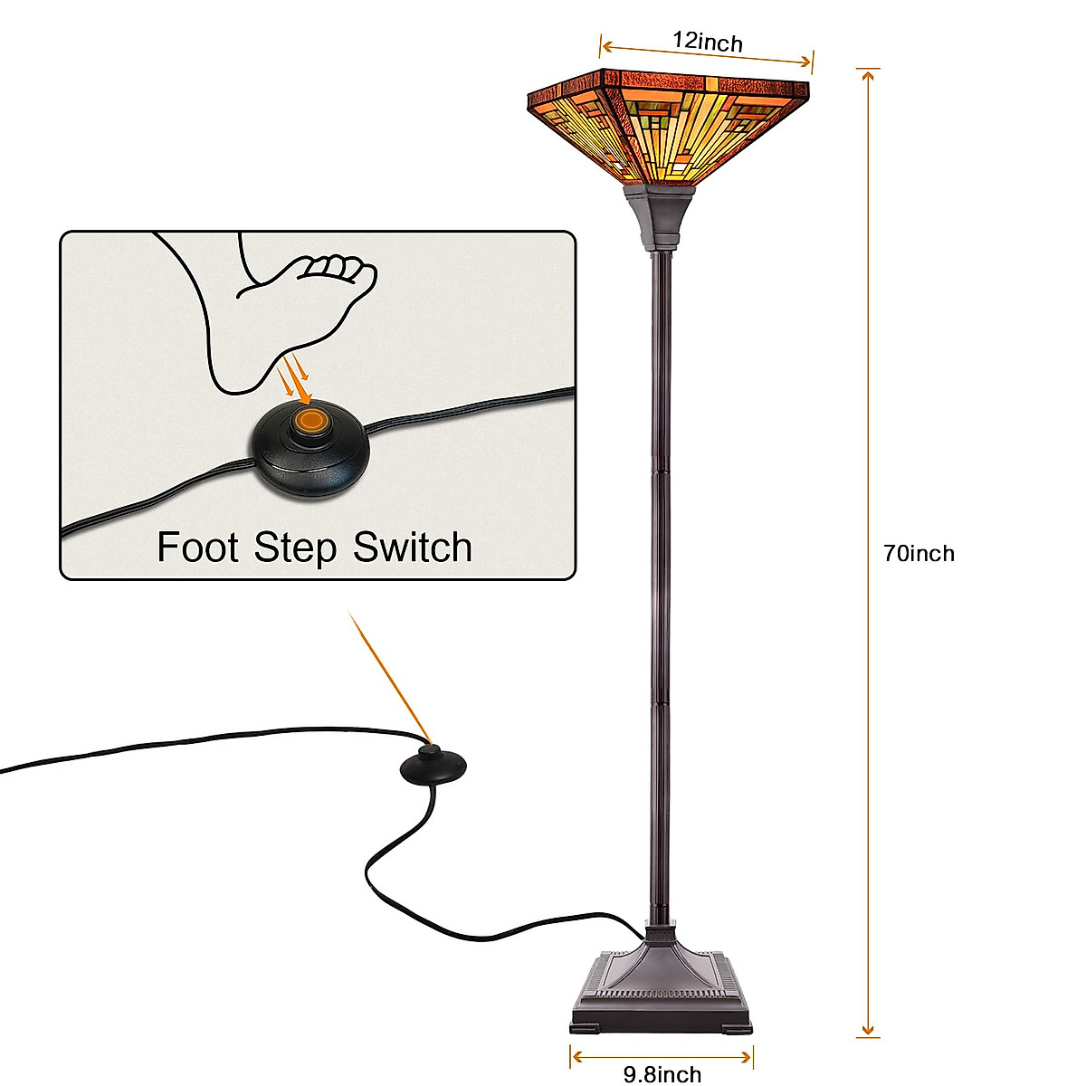 Capulina Tiffany Torchiere Floor Lamp 70" Tall Industrial Blackish Bronze Pole Amber Brown Style Stained Glass Torch Standing Light Decor for Living Room Bedroom Office