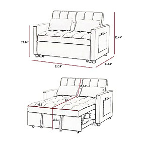 Eafurn 3 in 1 Convertible Sleeper Sofa Couch with Pull Out Bed,Small Futon Loveseat Lounge Chaise with Reclining Backrest and Armrest, Upholstered Love Seats Sofabed, Off White Velvet