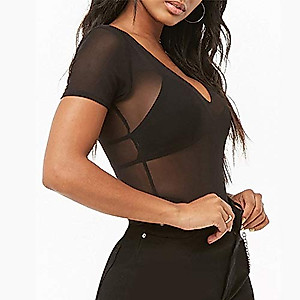 Allchic Womens Short Sleeve Sheer Mesh Tops Sexy See Through Tee Blouse Clubwears (V Neck Black II, Medium)