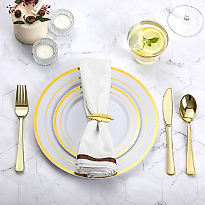 600 Pieces Gold Plastic Dinnerware for 100 Guests, Disposable Plastic Plates for Party Wedding Birthday, Includes 100 Dinner Plates, 100 Salad Plates, 100 Spoons, 100 Forks, 100 Knives, 100 Cups