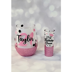 Glitter Birthday Wine Glass, Glitter Birthday Shot Glass, Age + Name (Wine + Shot)
