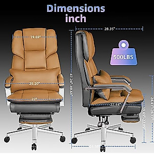 SeekFancy Reclining Office Chair with Footrest O203, Big and Tall Office Chair 500lbs Wide Seat with 170° Backrest, High Back Large Executive Office Chair Lumbar Support，Brown Leather Managerial Chair