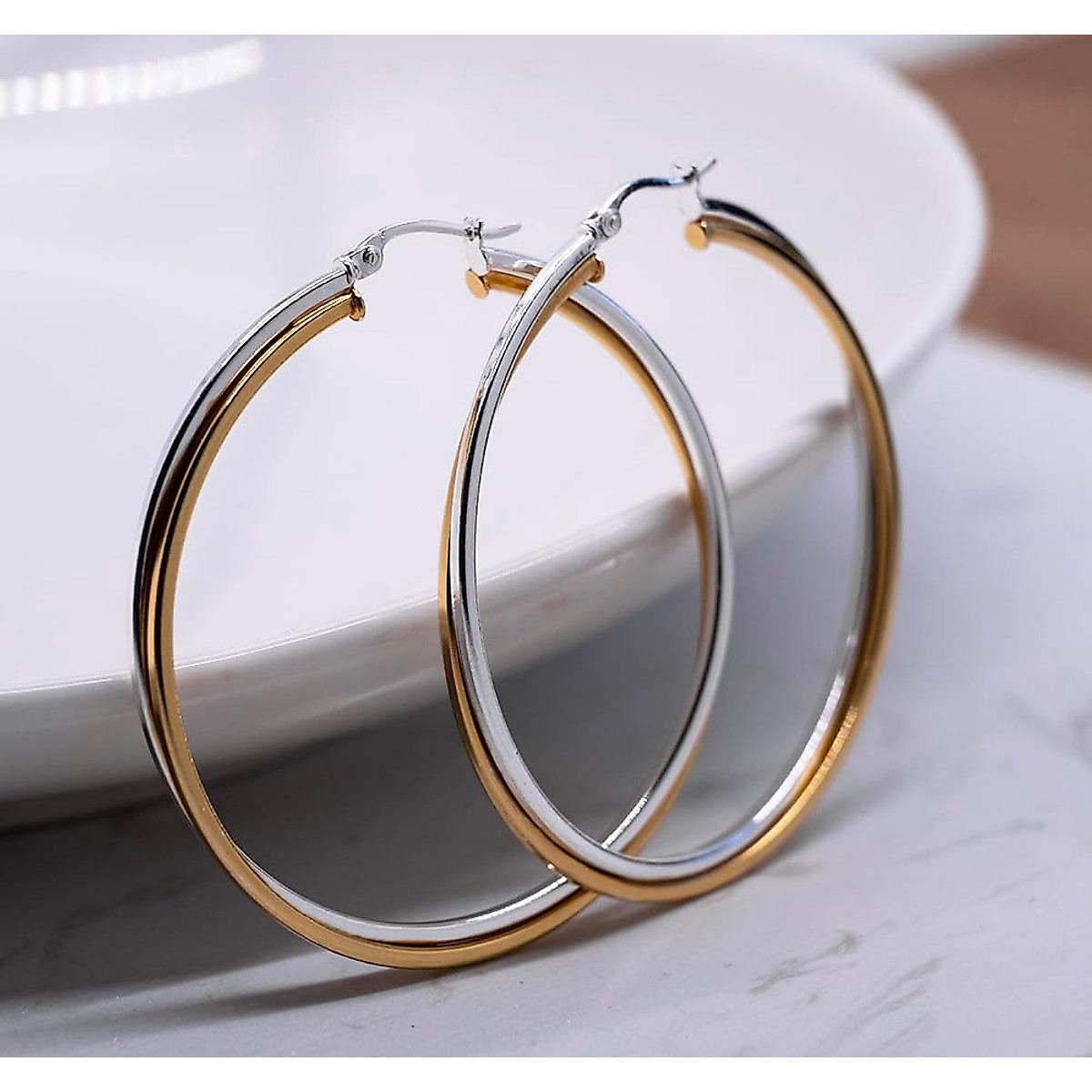 Sterling Silver Two-Tone Square-Tube Double Twisted 37mm Round Hoop Earrings