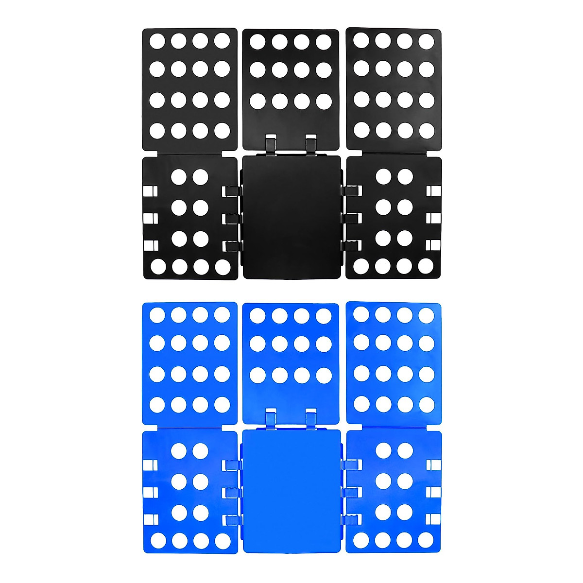 QWORK PP Composite Folding Board, 2 Pack Folding Clothes Board - Black + Blue, One-Hand Operation Laundry Folding Tool, Non-Slip Silicone Buckles, T Shirt Folder, Laundry Folders for All Garments