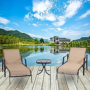 LOKATSE HOME Outdoor Patio Adjustable Metal Chaise Lounge Chair Recliner Set of 2 with 1 Glass Top Bistro Table, Beige
