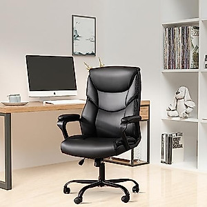 Sweetcrispy Office Chair - High Back Executive Leather Desk Chairs with Flip-up Arms (Fixed Armrest, Black)