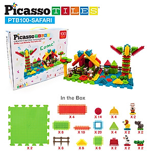 Picasso Toys PTB100 100pcs Hedgehog Block 3D Building Blocks Tiles Safari Theme Set Learning Playset STEM Toy Set Educational Kit Child Brain Development Preschool Kindergarten Toy for Age 3 & Up