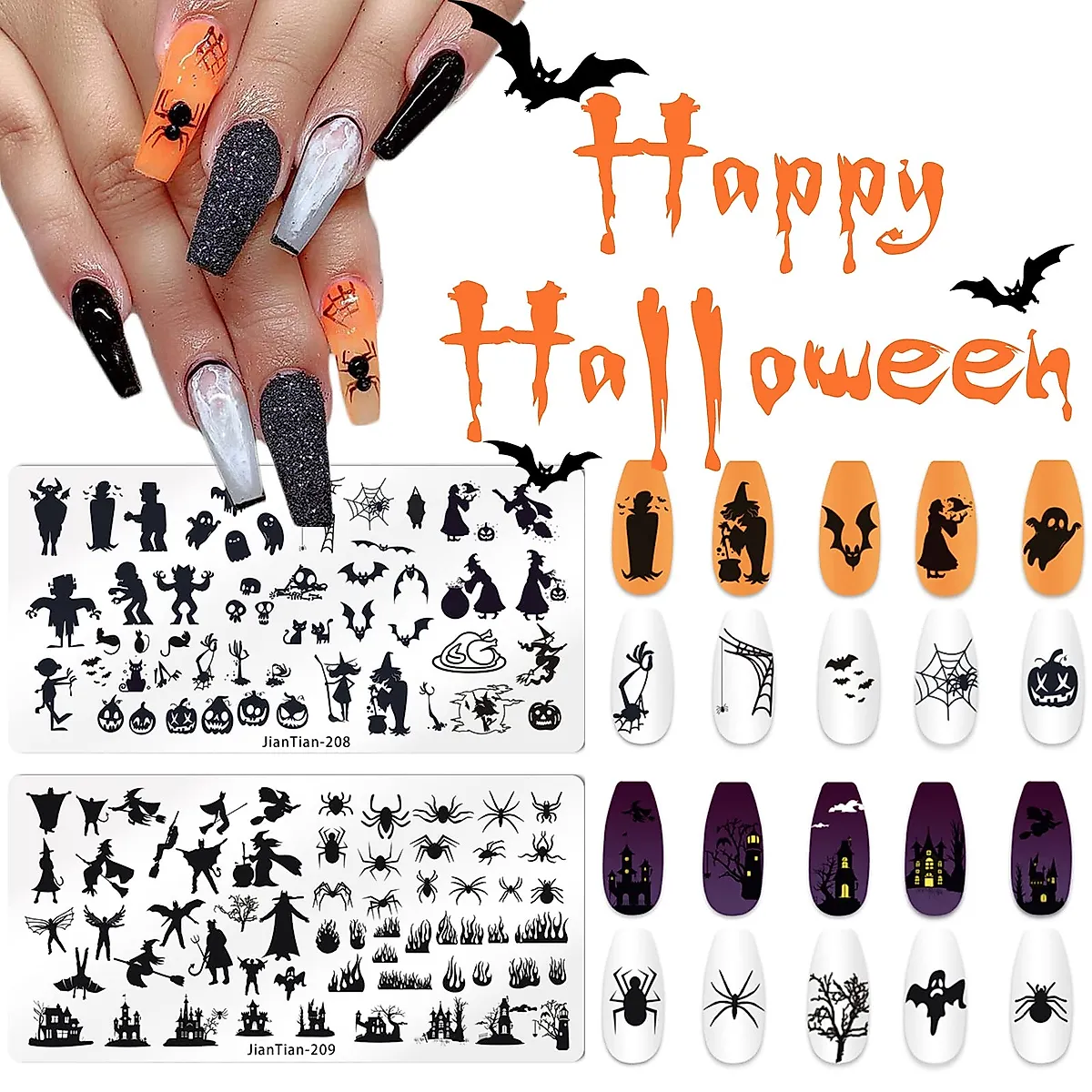 8 PCS Halloween Nail Art Stamping Plates Skull Ghost Bat Spider Witch Halloween Designs Nail Art Plates Templates Nail Stamping Plates 1 Stamper 1 Scraper Lace for DIY Printing Manicure Decoration