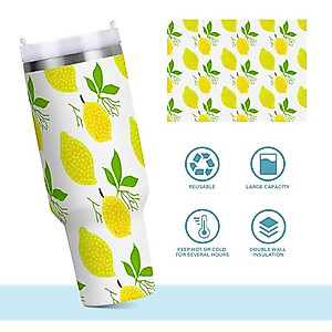ODAWA 40oz Lemons White Insulated Cup with Handle and Straw, 2 in 1 Lid Stainless Steel Vacuum Insulated Tumbler