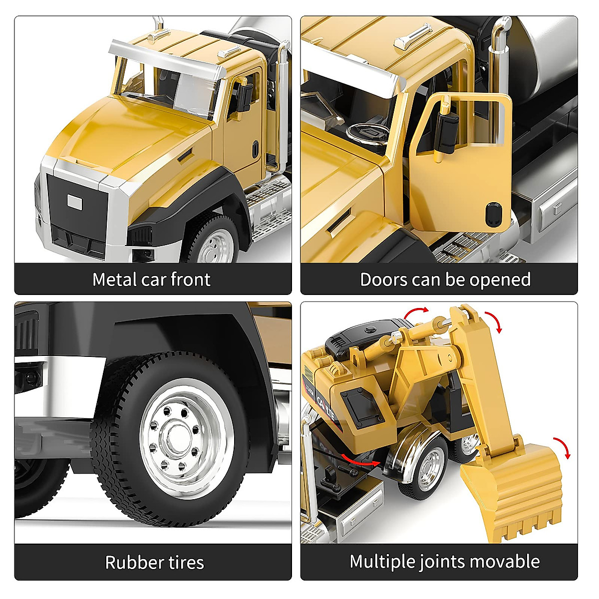 TEMI 3 Pack of Diecast Engineering Construction Vehicles, Dump Truck, Digger, Mixer Truck, 1/50 Scale Metal Collectible Model Cars, Pull Back Car Toys with Opening Doors for Boys and Girls