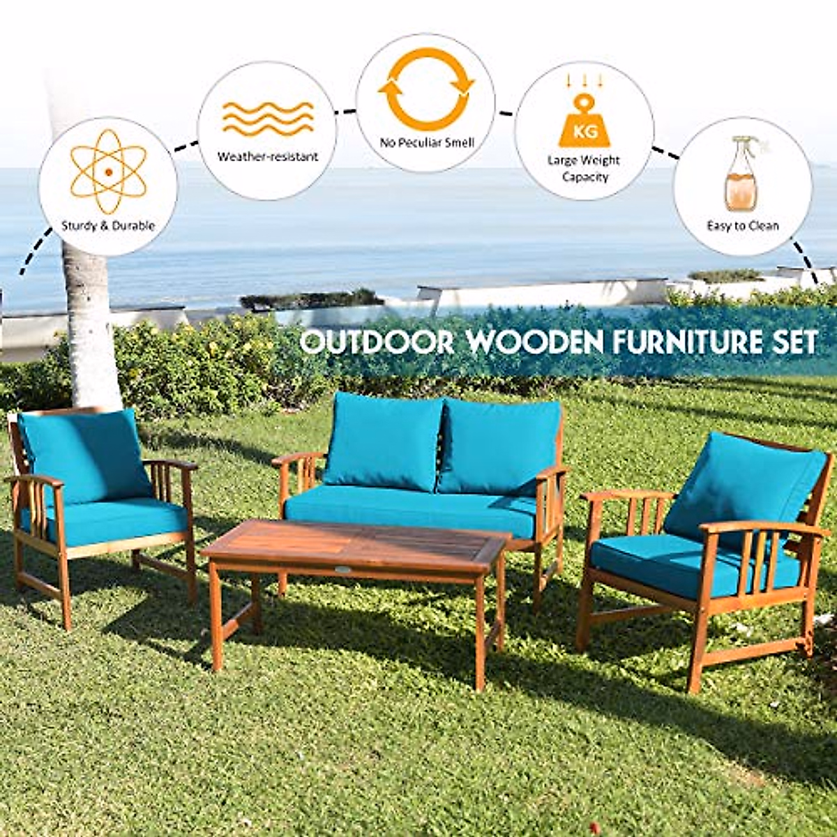 Tangkula 8 PCS Acacia Wood Patio Furniture Set, Outdoor Seating Chat Set w/Gray Cushions Back Pillow, Outdoor Conversation Set w/Coffee Table for Garden, Backyard, Poolside