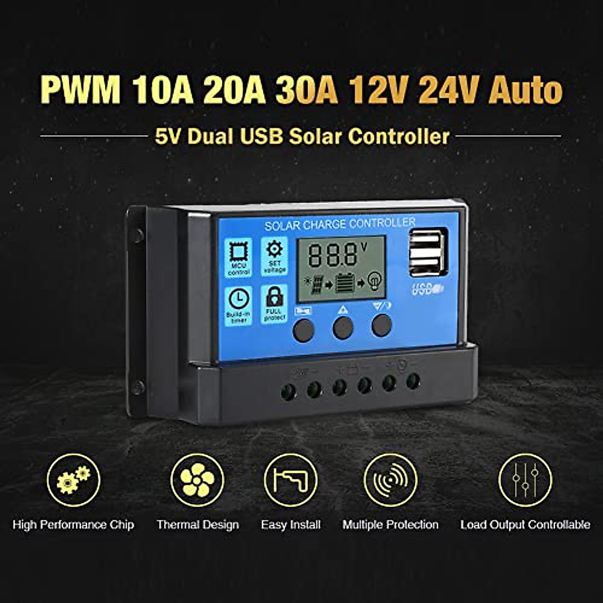 PENCHEN 100A Solar Panel Controller Solar Recharger Controller LCD Display Screen Street Lamp System Recharge Controller PWM Recharge Management Dual USB Output Controller