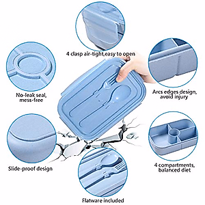 Jeopace Bento Box for Kids Lunch Containers with 4 Compartments Kids Bento Lunch Box Microwave/Freezer/Dishwasher Safe (Flatware Included,Light Blue)