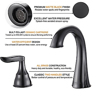 RODDEX Widespread Bathroom Sink Faucets 8 Inch Two Handle 3 Hole Vanity Bathroom Faucet with Metal Drain Assembly,Matte Black