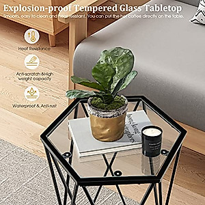 Giantex Glass End Table, Hexagon Side Table w/Metal Frame, Small Coffee Accent Table for Small Space for Living Room Balcony, Modern Style Bedside Table Nightstand
