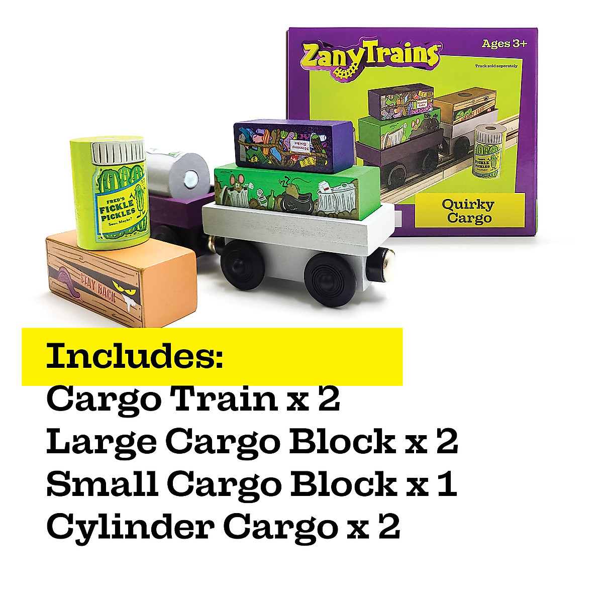 Zany Trains Series 1 - Wooden Train Set with Cargo - Compatible with All Wooden Train Sets - Wooden Train Cars (Quirky Cargo)