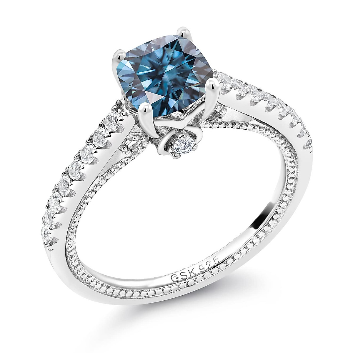 Gem Stone King 925 Sterling Silver Persian Blue Moissanite and White Created Sapphire Engagement Ring For Women (1.27 Cttw, Cushion 6MM, Gemstone Birthstone, Available In Size 5, 6, 7, 8, 9)