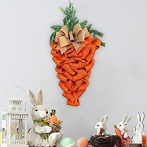 Easter Bunny Carrot Shape Wreath for Front Door Decoration,Artificial Carrot Wreath with Burlap Bow Simulation Carrot Hanging Wreath,for Home Festival Decor,Spring Garden Decoration,Easter Gift