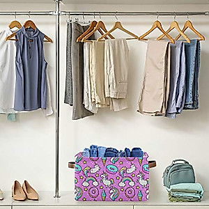 Mazeann Donuts Rainbow Unicorn Storage Basket Bin Collapsible Foldable for Clothes Toys Storage Cabinets Solid PE Waterproof Fabric Storage Box PU Leather Handle 15 x 11 x 9.5 inches 2PCS