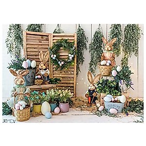 Funnytree 7x5ft Happy Easter Photography Backdrop Spring Rustic Wooden Wall Colorful Eggs Rabbit Background Baby Shower Kids Birthday Party Decor Portrait Banner Photo Booth Studio Props Mini Session