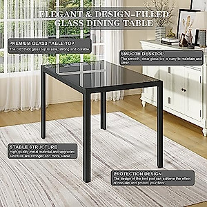 Recaceik Dining Table Set for 4, Kitchen Table and Chairs for 4, Glass Dining Room Table Set with 4 PU Leather Upholstered Chairs Modern Small Dinner Table Set Breakfast Table for Home, Black