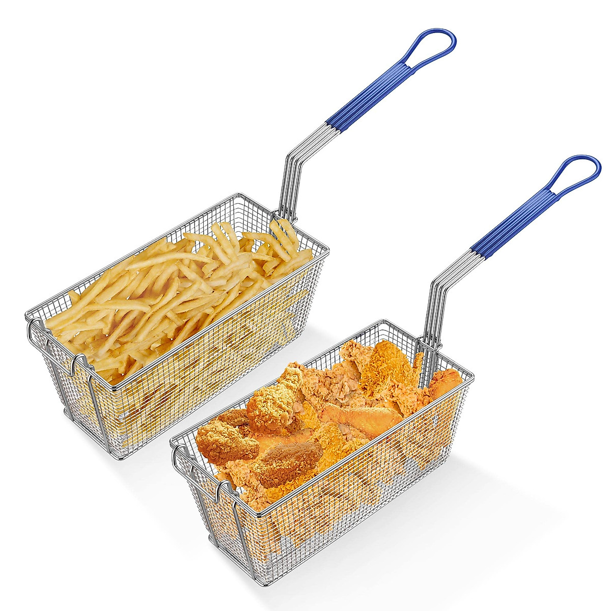 WeChef 2Pcs Deep Fryer Baskets with Non-slip Handle 13" x 6 5/16" x 5 7/8" Nickel Plating Heavy Duty Construction Deep Fryer Basket for Commercial Restaurant Kitchen Blue