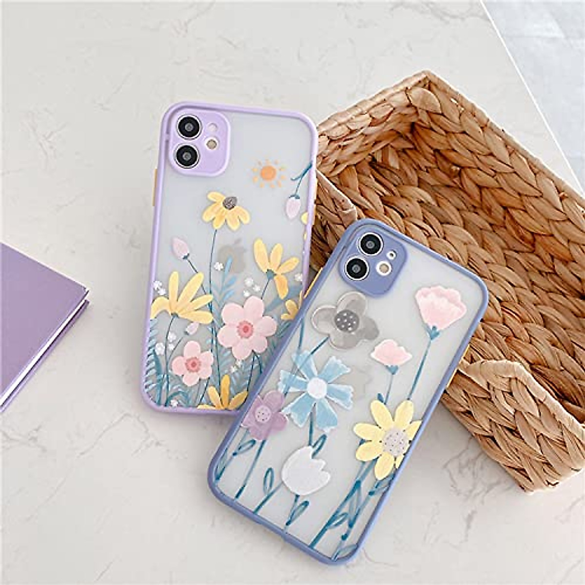 Ownest Compatible for iPhone 11 Case for Flower Clear Frosted PC Back Floral Girls Woman and Soft TPU Protective Silicone Slim Case for iPhone 11-Taro Purple