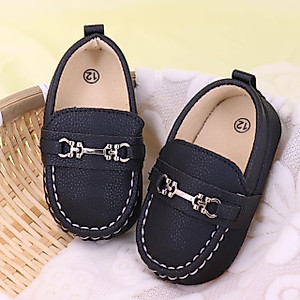LONSOEN Infant Shoes Boys Loafers Baby Girls Crib Moccasins Classic Synthetic Leather Wedding Dress Shoes,BAY209 Black 6-12 Months