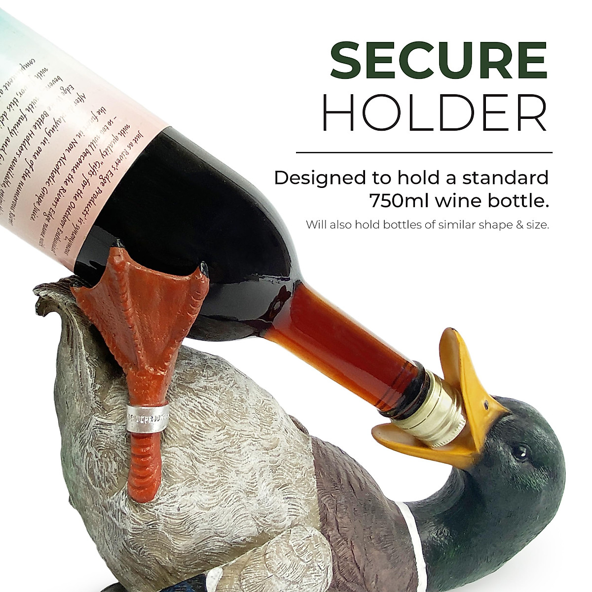 Rivers Edge Products Wine Bottle Holder for 750ml Standard Wine Bottle, Hand-Painted Poly Resin Kitchen Decor, Unique and Rustic Home Decor for Countertop or Wine Bar, Mallard Duck