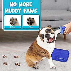 Happy Paws Dog Paw Cleaner | Portable Washer Cup for Small Cute Dogs with Towel and Hanger | Silicone Pet Foot Cleaning Brush Scrubber | Grooming Essentials to Wash Muddy Puppy Feet | Blue