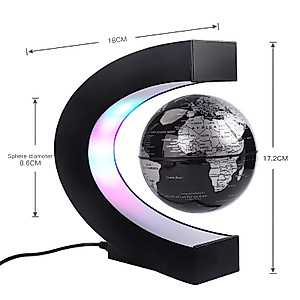 Floating Globe with Colored LED Lights C Shape Anti Gravity Magnetic Levitation Rotating World Map for Children Gift Home Office Desk Decoration (Black, Without Switch)