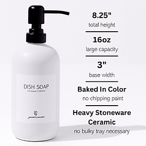 GraceHomewares Stoneware Ceramic Dish Soap Dispenser for Kitchen Sink | Kitchen Soap Dispenser Set | Soap Holder | Bathroom Hand Soap Dispenser | Waterproof Labels | 2 Pack | White w/Black Pump