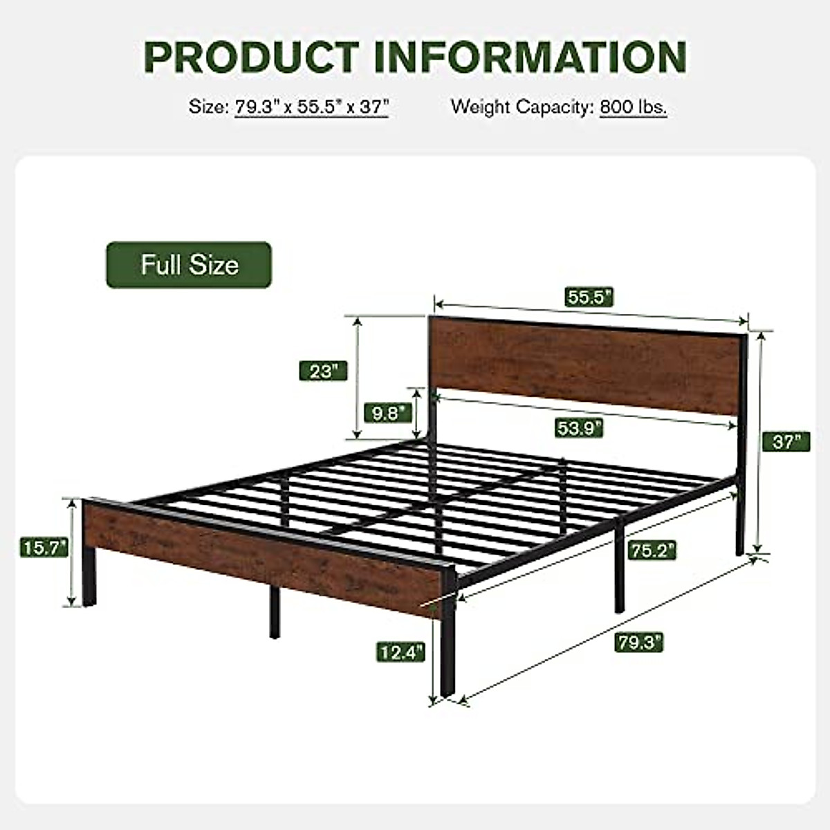 IMUsee Full Size Bed Frame with Wood Headboard and Footboard Platform, Heavy Duty Metal Frame with 12" Under Bed Storage, No Box Spring Needed, Noise Free, Brown