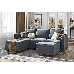 HONBAY Modular Sectional Sofa with Reversible Chaises Sofa with Ottoman U Shaped Sectional Couch for Living Room, Bluish Grey